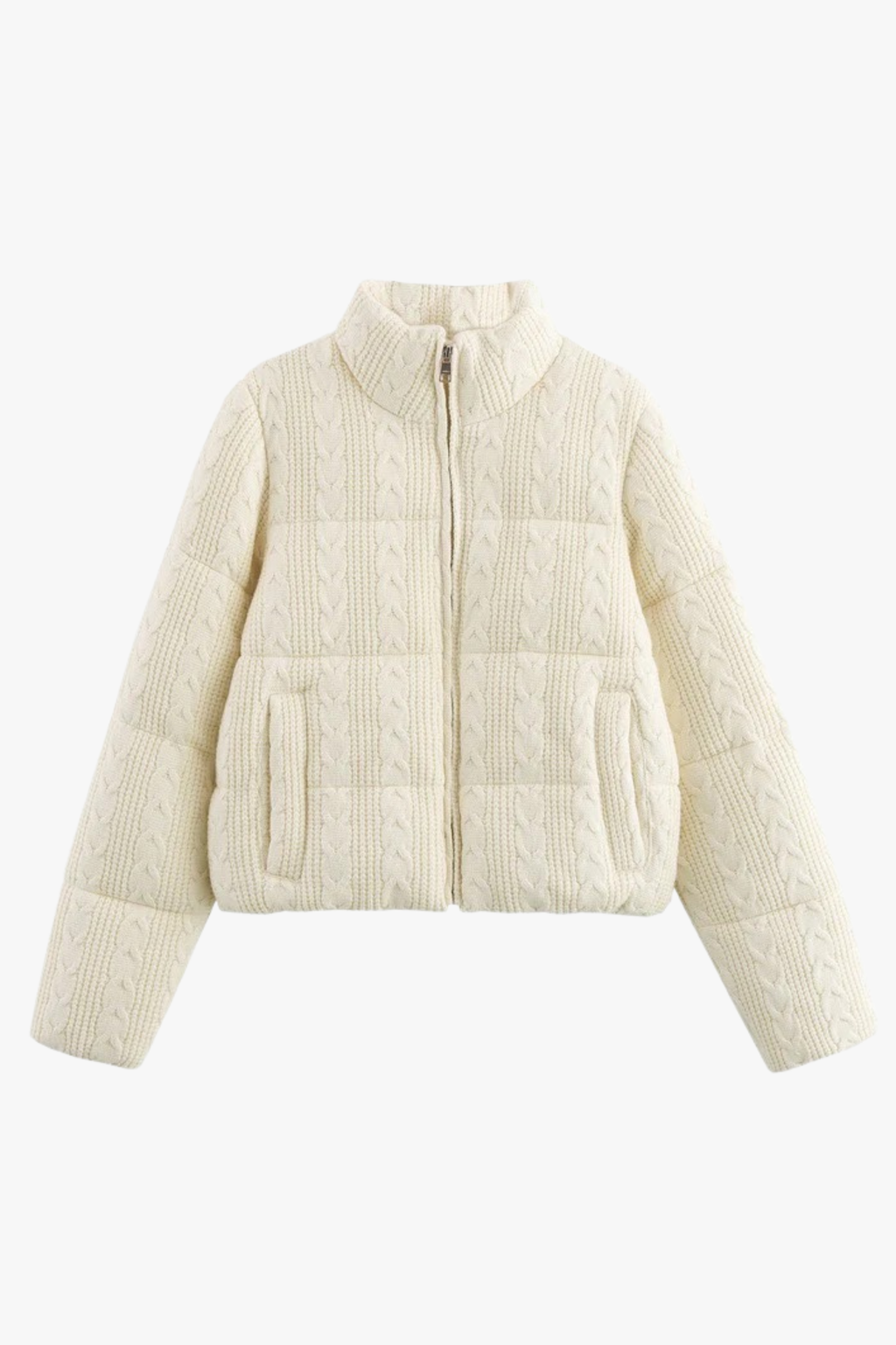 Cable-Knit Puffer Jacket with High Neck and Zip Front – Nevo